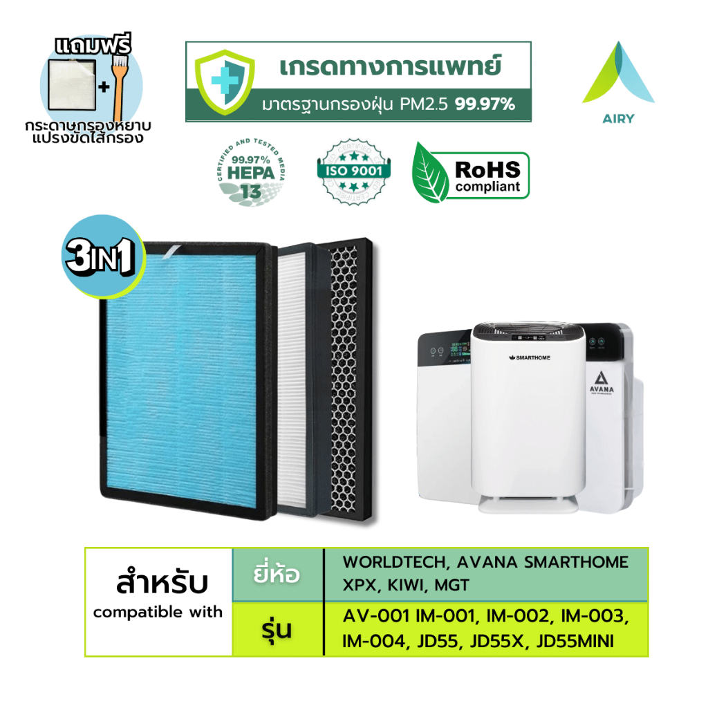 AIRY ไส้กรองอากาศ ไส้กรอง 3in1 กรอง PM2.5 กลิ่น ควัน WORLDTECH AVANA ...