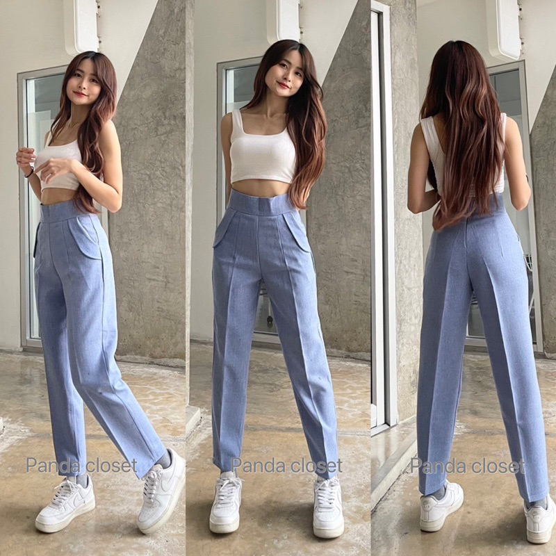 PD26 กางเกง 8 ส่วน ขากระบอกเล็ก แต่งขอบกระเป๋าข้าง ดีเทลสวยมาก พร้อมส่ง!! | Shopee Thailand