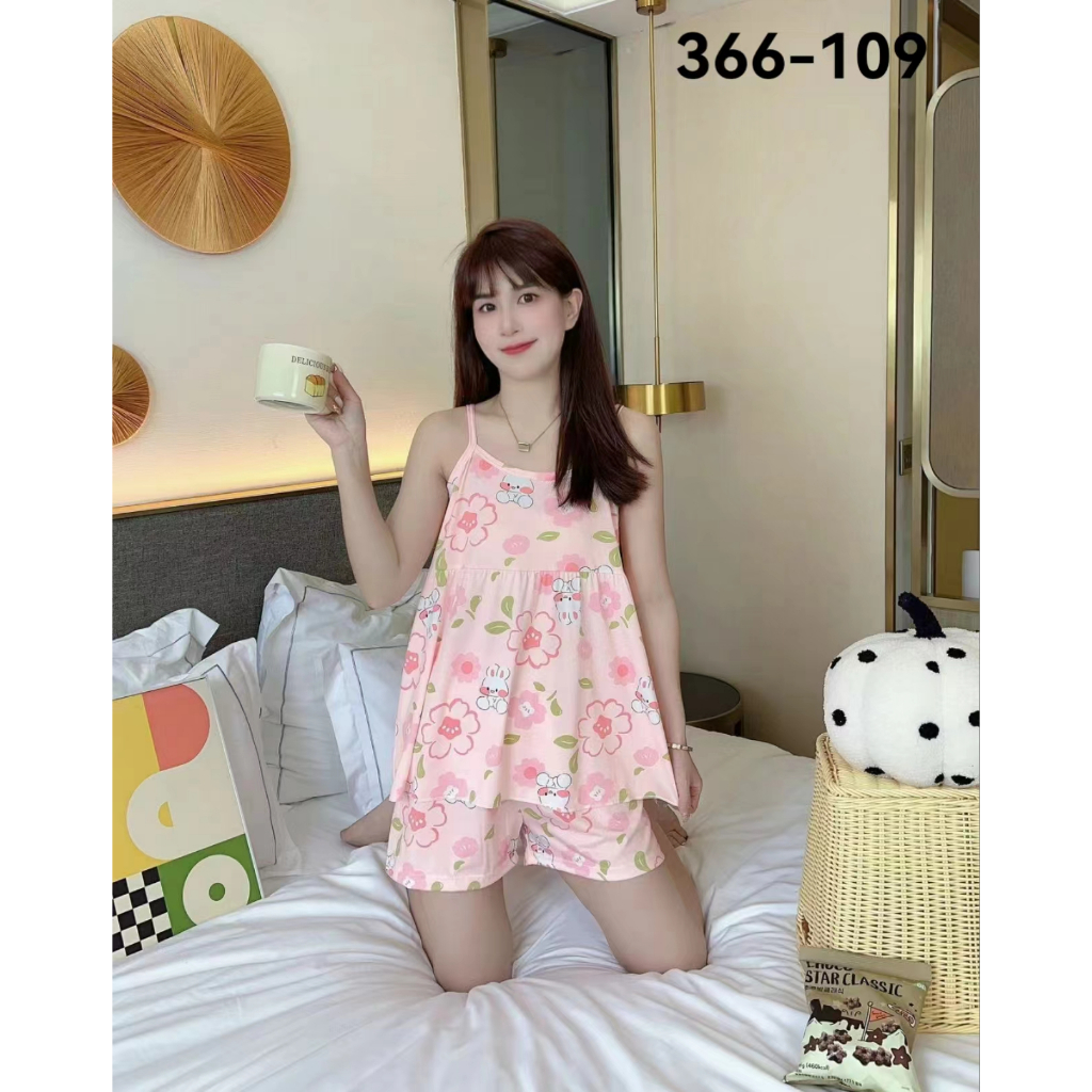 พิมพ์ลายน่ารัก เซ็ตชุดนอนกางเกงขาสั้น ชุดนอนหลวมๆ ของผู้หญิง ที่สาวอ้วนก็ใส่ได้ ลายน่ารักๆ ผ้า ...