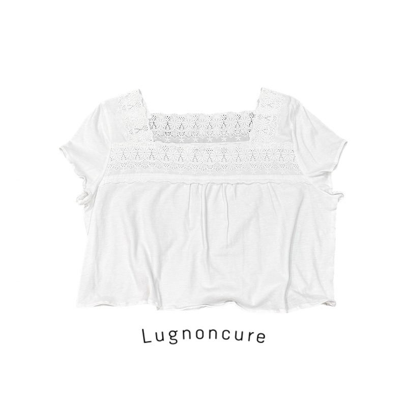 Lugnoncure M เสื้อครอป คอเหลี่ยม สีขาวแต่งลูกไม้ | Shopee Thailand