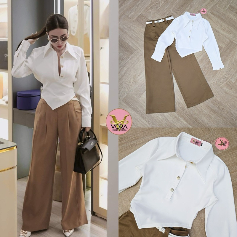 vora Set เสื้อเชิ้ตแขนยาสคอปก ติดกระดุมช่วงคอ ชายเสื้อแต่งเฉียง เนื้อผ้าดีมากค่ะ แมทช์กับกางเกง ...