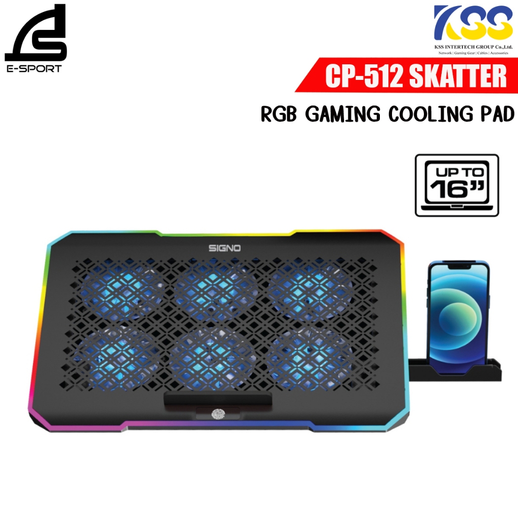พัดลมระบายความร้อนโน๊ตบุ๊ค SIGNO RGB Gaming Cooling Pad รุ่น CP-512 SKATTER รองรับโน๊ตบุ๊ค 9-16 ...