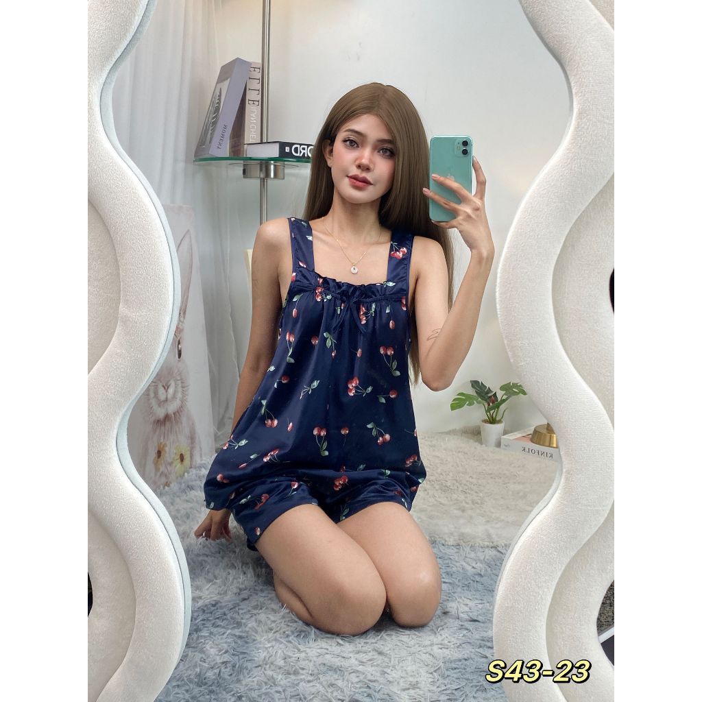 ชุดนอนหลวม กางเกงขาสั้น ผ้าเรียบ ชุดนอนสตรี ชุดนอนสตรีสไตล์ฤดูร้อน ชุดนอนงานผ้าซาติน เซ็ท 2 ชิ้น ...