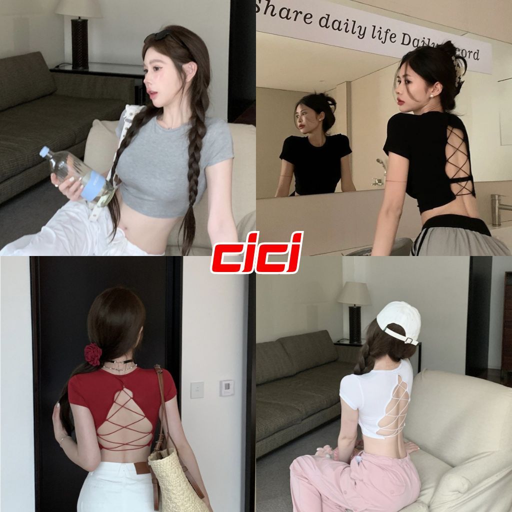 Cici(NO. H331)เสื้อครอปคอกลมตัวสั้น สีพื้น มีฟองน้ำ โชว์หลัง เพิ่มความเซ็กซี่ด้วยสายไขว้หลัง ...