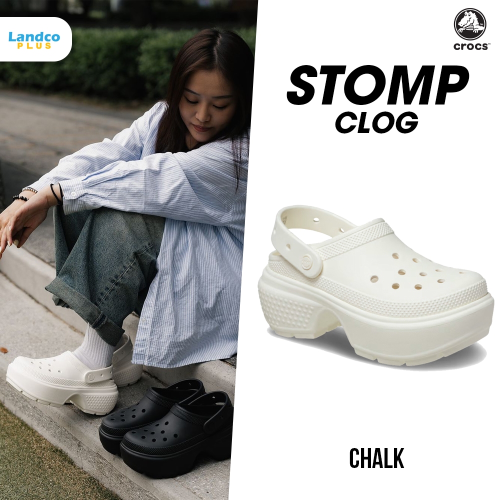 Crocs รองเท้าแตะ รองเท้าแฟชั่น ส้นสูง UX Stomp Clog Chalk 209347-0WV ...
