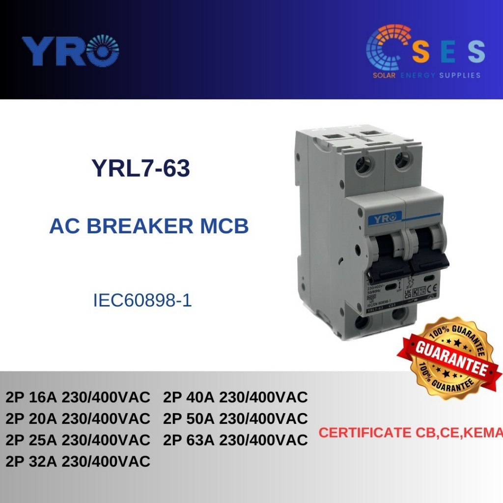 YRO AC Breaker 2P 16A/20A/25A/32A/40A/50A และ 63A 230/400VAC MCB YRL7 ...