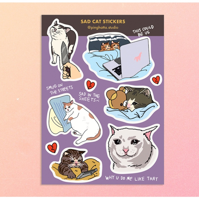 สติกเกอร์แผ่น Sad Cat Meme Sticker Sheet สติกเกอร์กันน้ำ ลายมีมแมว ...