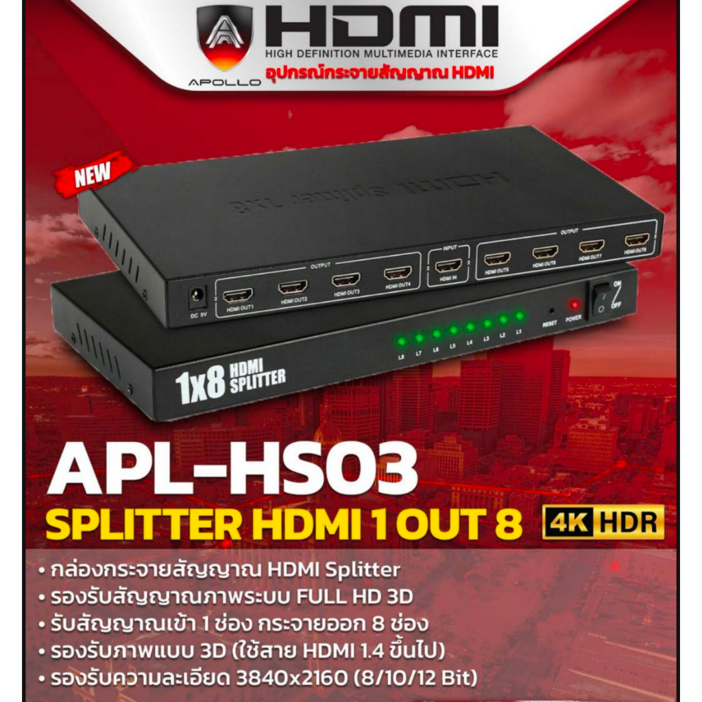 Apollo APL-HS03 Splitter HDMI 1 out 8 สินค้าประกันศูนย์ไทย พร้อมส่ง | Shopee Thailand
