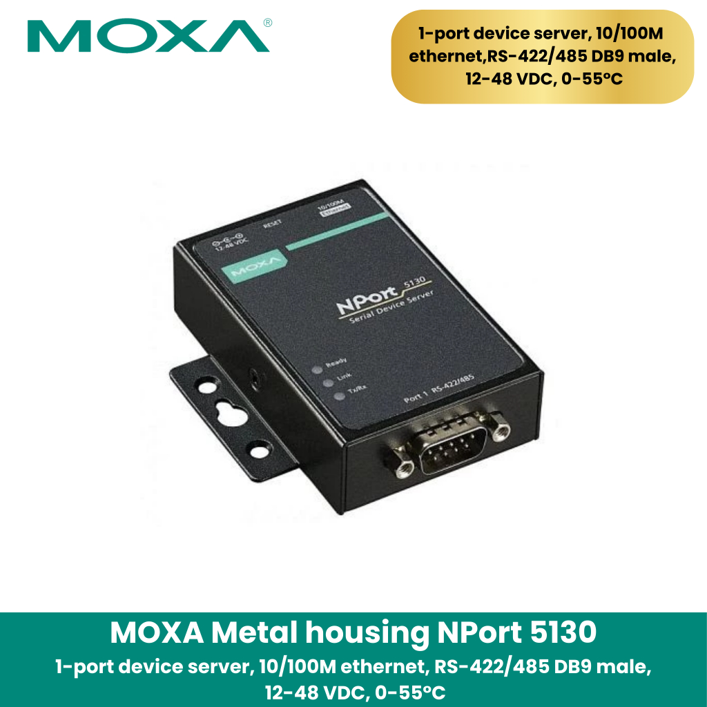 MOXA NPort 5130 1-port device server, 10/100M ethernet, RS-422/485 DB9 male, 12-48 VDC, 0-55°C ...