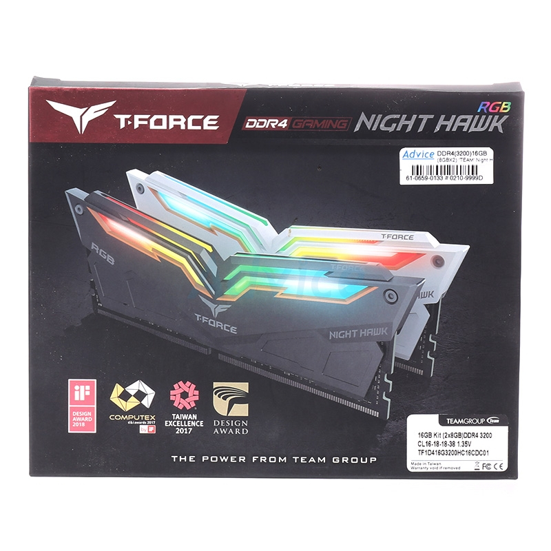 RAM PC แรม (หน่วยความจำ) Team (Night Hawk/RGB Black) DDR4/3200 8X2 16GB ...
