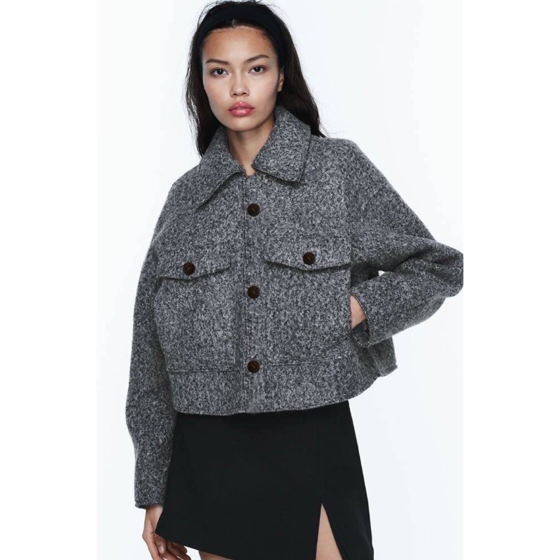 Zara Cropped Boucle Jacket with pocket Grey แท้ เสื้อแจ็กเก็ต ผ้าขนนุ่ม ...