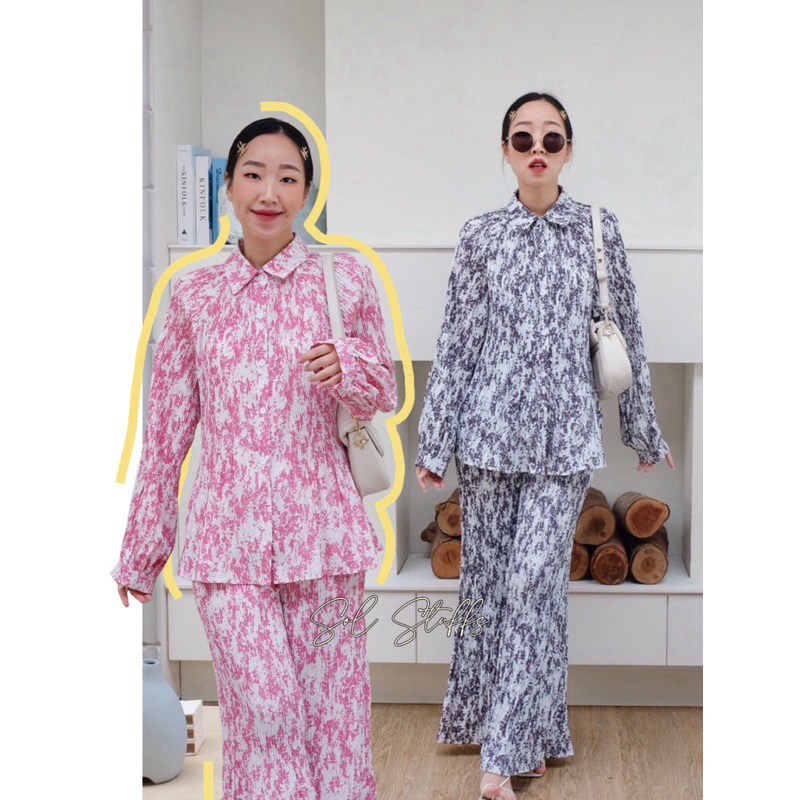 LS169 Set ผ้าพลีท ลายดอกไม้เล็กๆ เชิ้ตแขนยาว+กางเกงขายาว กางเกงเป็นทรง ...
