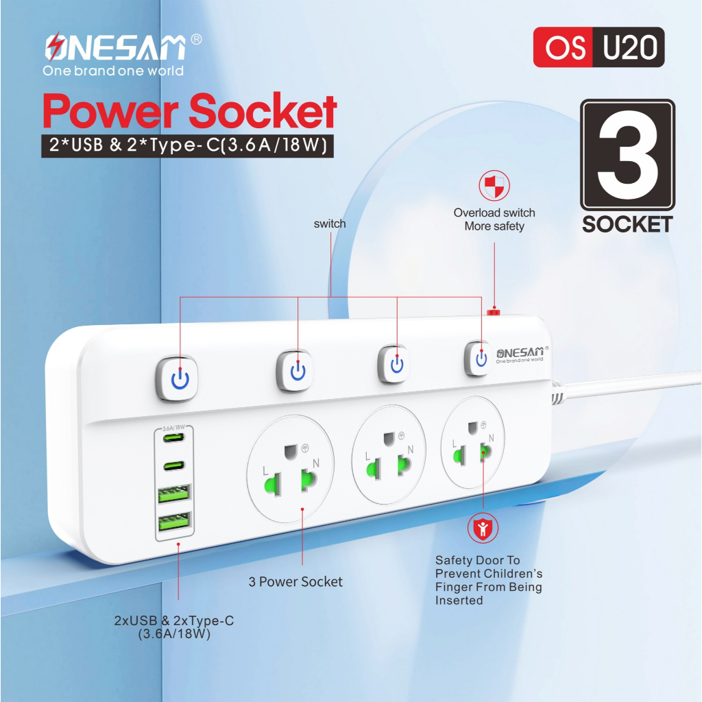 ปลั๊กไฟ รุ่น OS-U20 4 USB พอร์ต และ 2 PD พอร์ต ชาร์จไว 3.6A18W สายยาว 2 ...