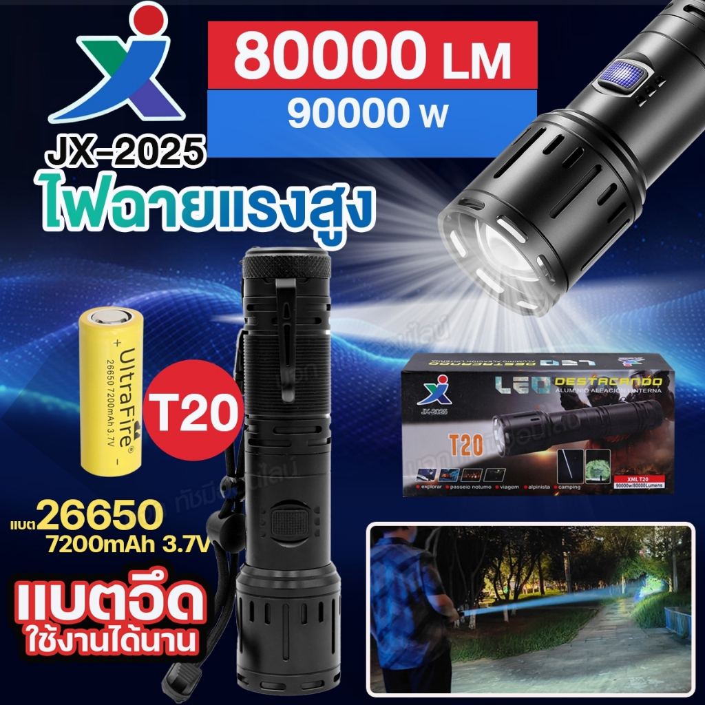 ไฟฉายแรงสูง XML T20 รุ่น JX-2025 80000Lumens 90000W ปรับแสงได้ 5โหมด ไฟซูม ไฟฉายฉุกเฉิน ชาร์จมือ ...