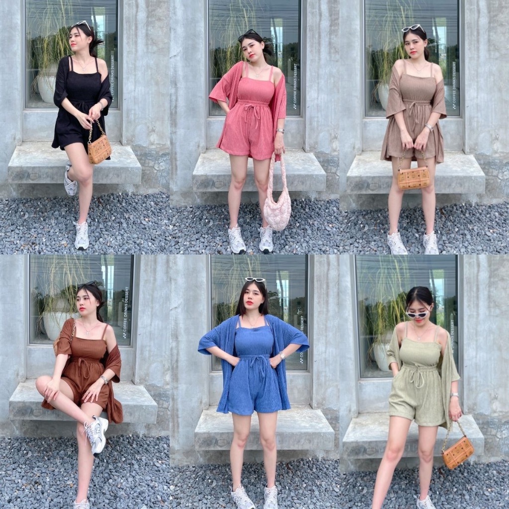 [daliday] ชุดเซต3ชิ้น ผ้าท๊อฟฟี่ เสื้อคลุม สายเดี่ยว กางเกงขาสั้น เข้า ...
