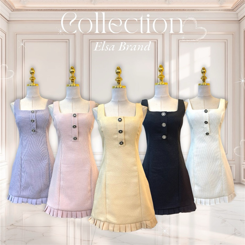 [ELSA] Y043 ชุดเดรสกระโปรงคอเหลี่ยมสายตะเกียบชายพลีทกระดุมหน้า ดีไซน์ ...