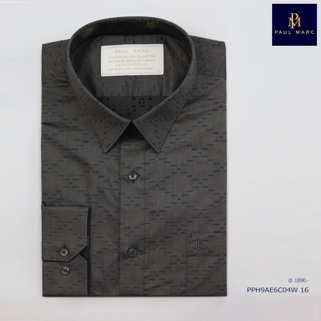 PAUL MARC เสื้อเชิ้ตสีเทาแขนยาว ใส่ทำงาน slim fit ผ้า Dobby นุ่ม รีด ...