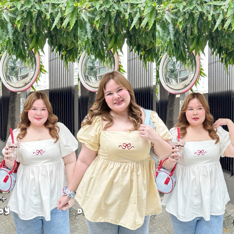 [OLIVE.PLUSSIZE พร้อมส่ง] เสื้อยืดครอป เสื้อครอปสาวอวบ เสื้อผ้าปักโบว์แขนบอนลูน พลัสไซส์ ไซส์ ...