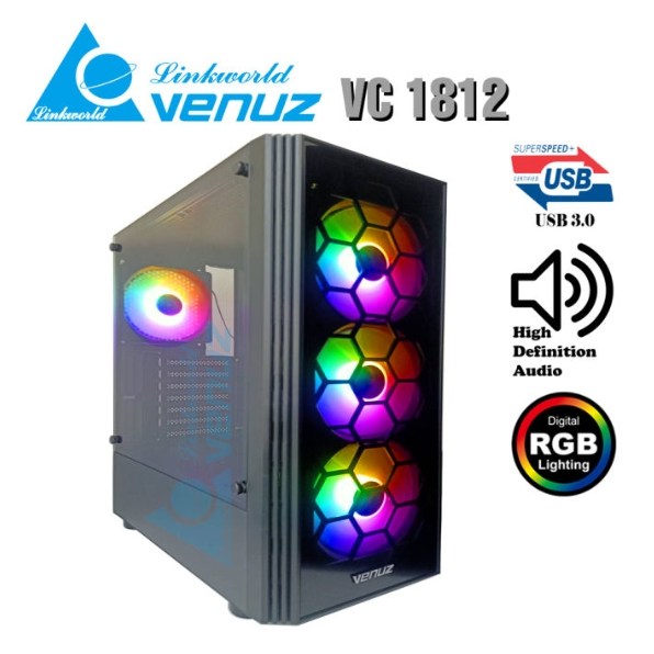VENUZ ATX Mid Tower Tempered Glass Gaming Case VC 1812 with Rainbow RGB ...