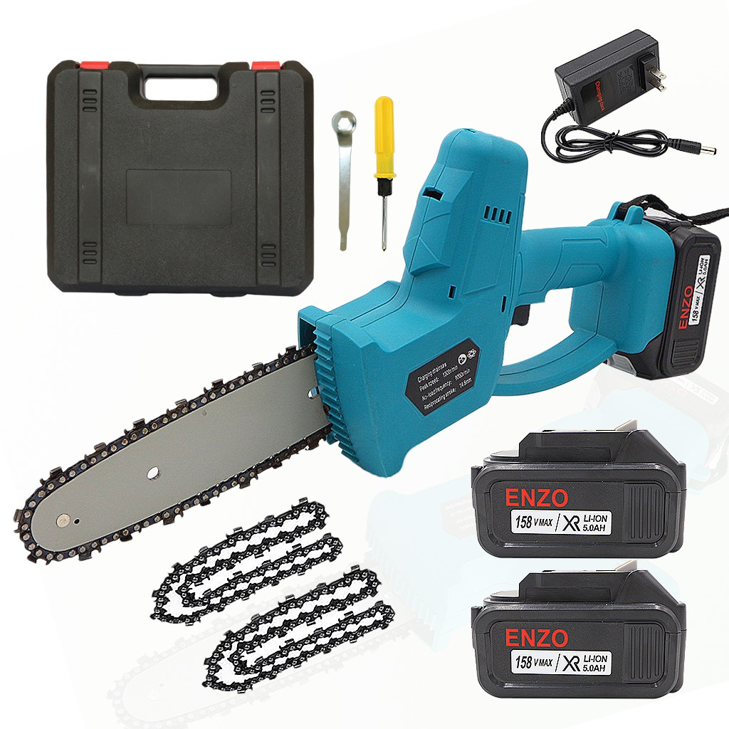 ENZO เลื่อยโซ่ไร้สาย เลื่อยโซ่แบตเตอรี่ เลื่อยโซ่ไฟฟ้า 158V แถมแบต 2 ก้อน กล่องพลาสติกสีดำ ...