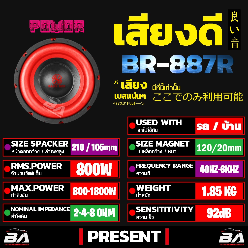 BA SOUND ลำโพงซับวูฟเฟอร์ 8นิ้ว 800วัตต์ ว้อยซ์คู่ BR-887R ดอกลำโพง 8 ...