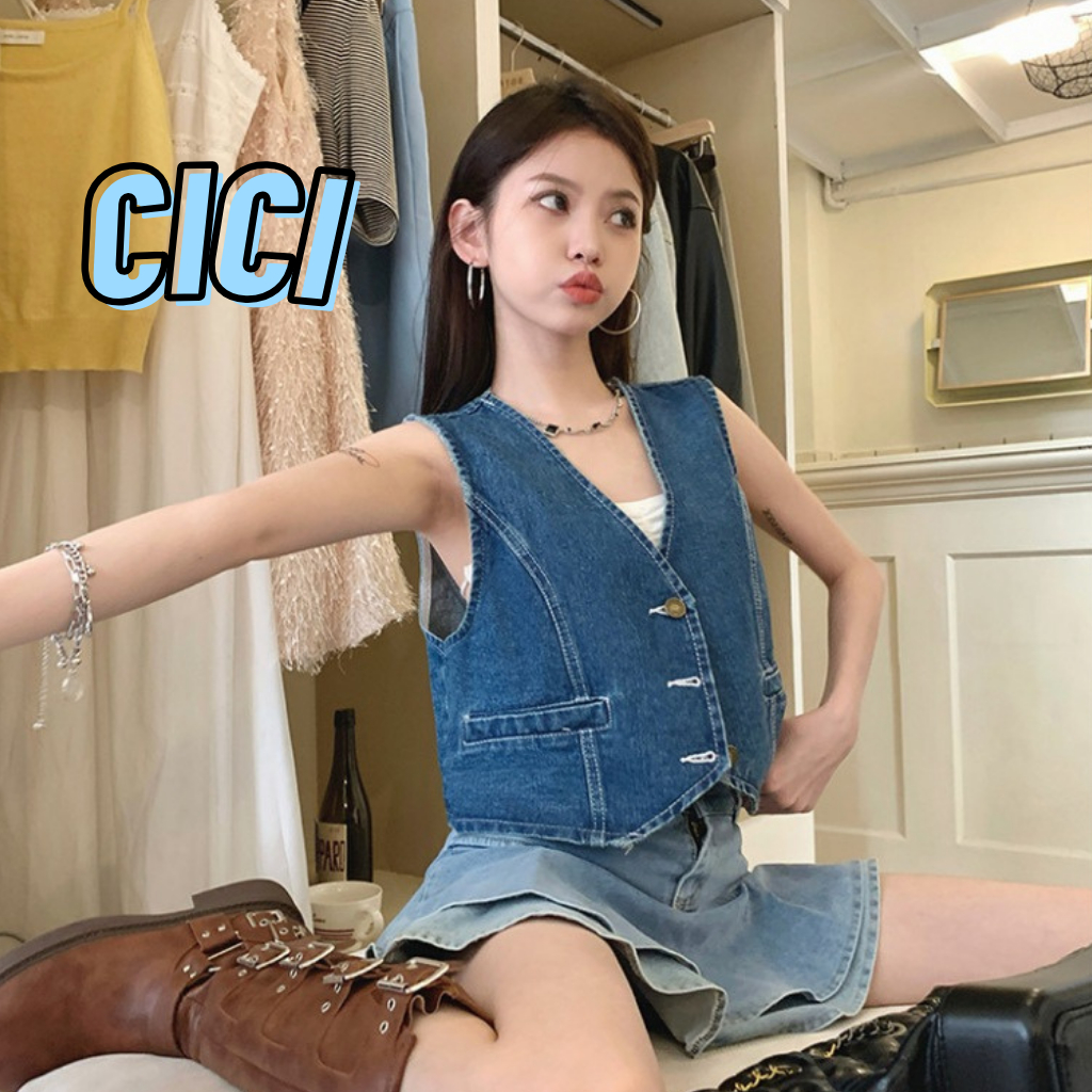 Cici(NO.609)Jeans vest เสื้อกั๊กครอปยีนส์ดีเทลกระเป๋าหน้า แมตช์ง่ายทรงสวยสไตล์เกาหลี | Shopee ...