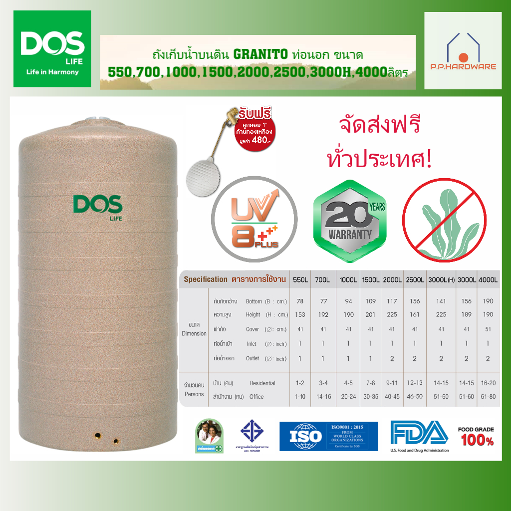 DOS ถังเก็บน้ำบนดิน GRANITO ท่อนอก-ใน ขนาด 550, 700, 1000, 1500, 2000, 2500, 3000H, 4000ลิตร แถม ...
