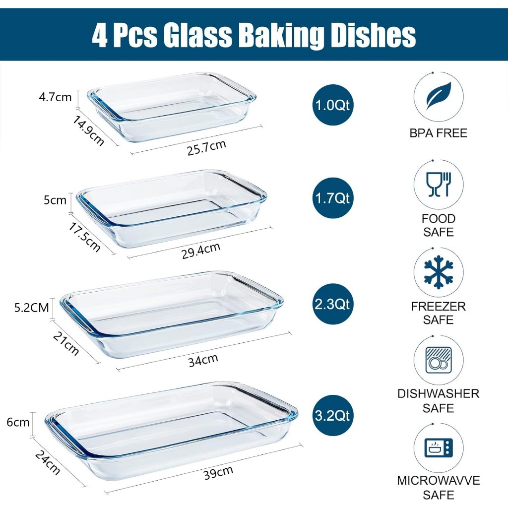 ถาดอบแก้ว ถาดอบอาหาร แก้ว ไมโครเวฟได้สามารถ เข้าเตาอบได้ Glass Baking Dishes 4pcs 1L 1.5L 2L 3 ...