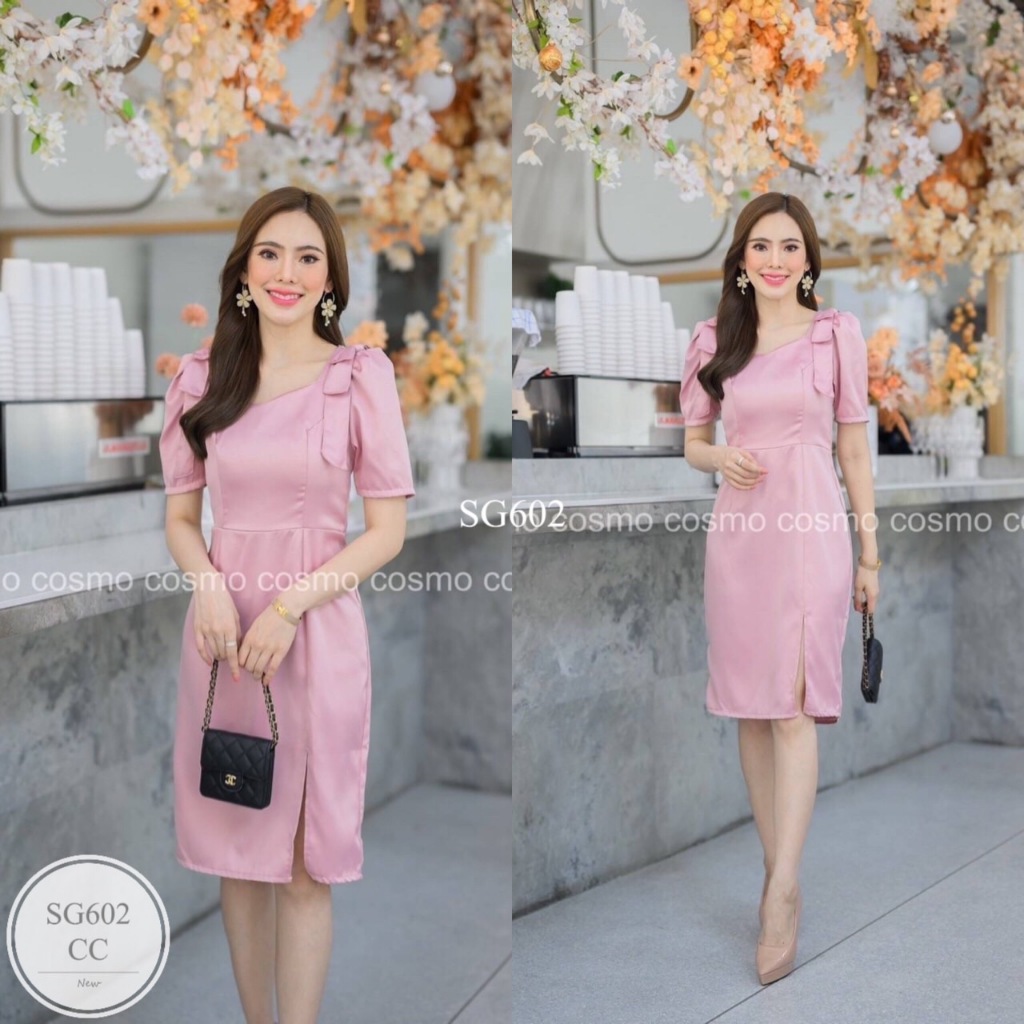 SG602 เดรสออกงาน เนื้อผ้าซาร่าเงา แต่งโบว์ไหล่ ทรงสวย ซิปด้านหลัง สี ...