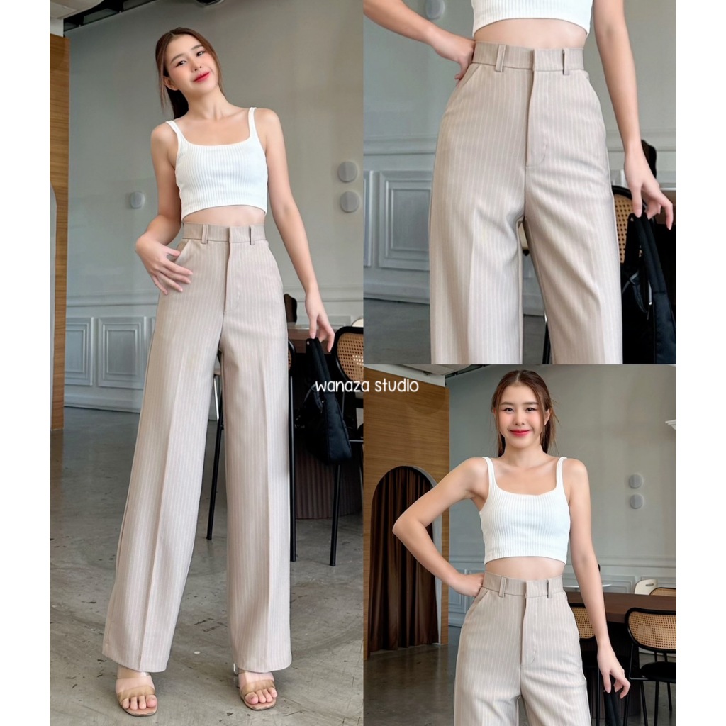 WT16 รุ่น ลายริ้วโรเชฟ กางเกงขากระบอก กางเกงขายาวผู้หญิง กางเกงเอวสูง ผู้หญิง เก็บพุง ทรงเป๊ะใส่ ...