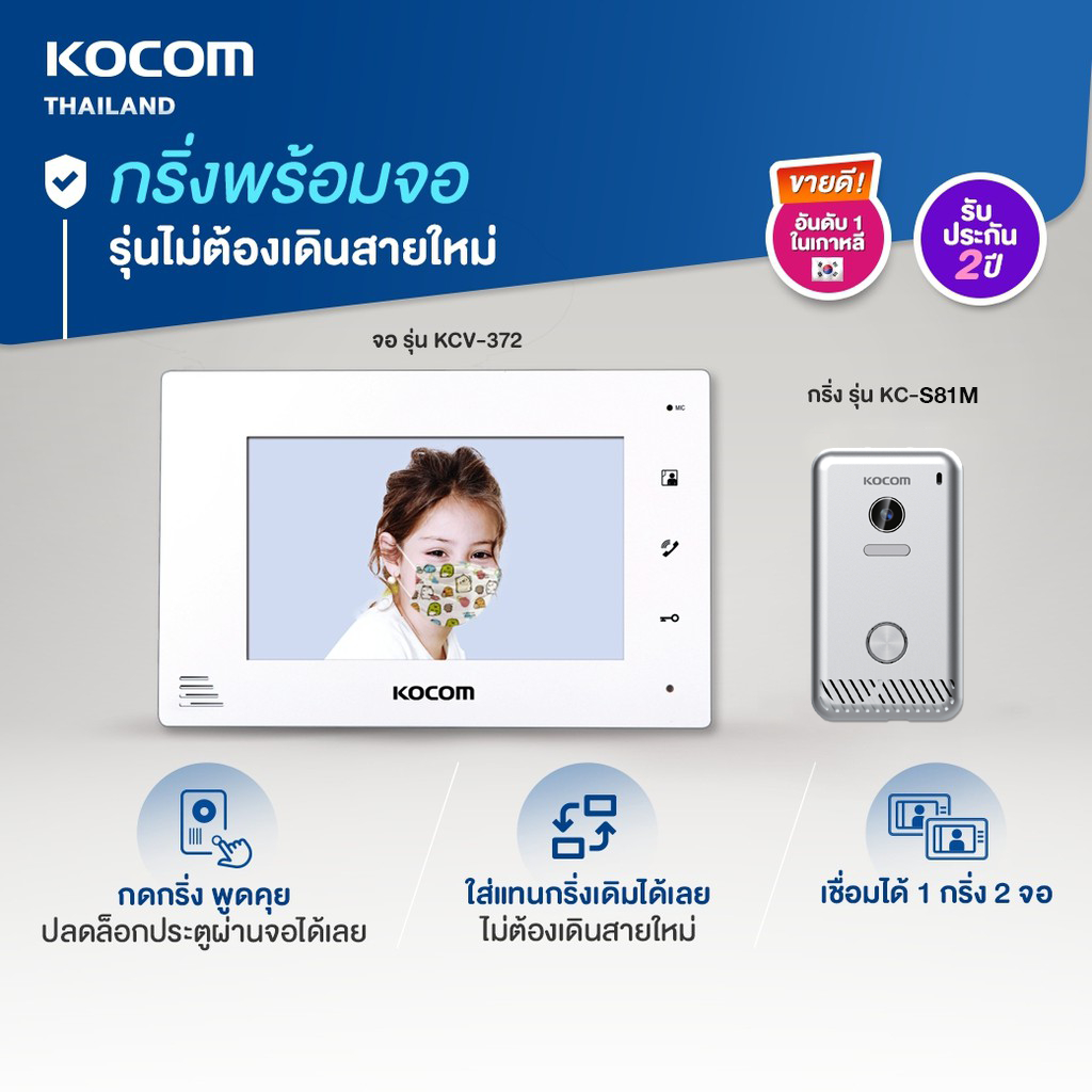 KOCOM กริ่งประตูไฟฟ้า มีกล้อง VDO Phone Intercom เกาหลี ปลดล็อคประตูได้ เพิ่มได้สูงสุด 1 กริ่ง 2 ...
