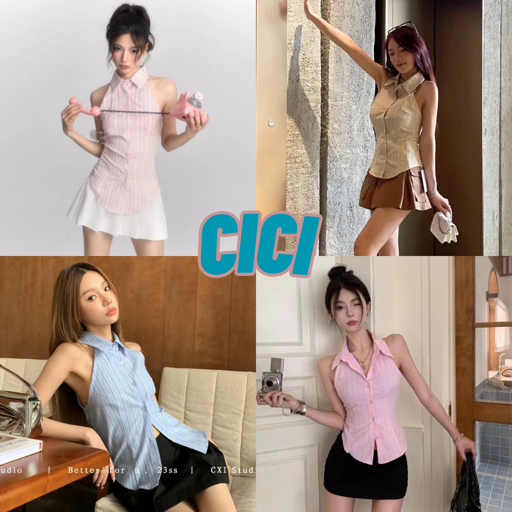 Cici(NO.3166)เสื้อแขนกุดคอปก กระดุมหน้า ดีเทลเชือกผูกด้านหลัง เนื้อผ้าเบาบาง ไม่ร้อน สไตล์Y2K ...