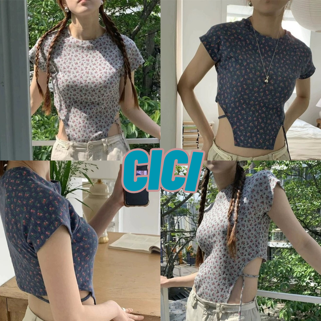 Cici(NO.H9315)เสื้อครอปไหมพรม ผ้ายืดใส่สบาย ทรงบอดี้สูท ดีเทลสายพันรอบเอว สไตล์สาวหวานปนเซ็กซี่ ...