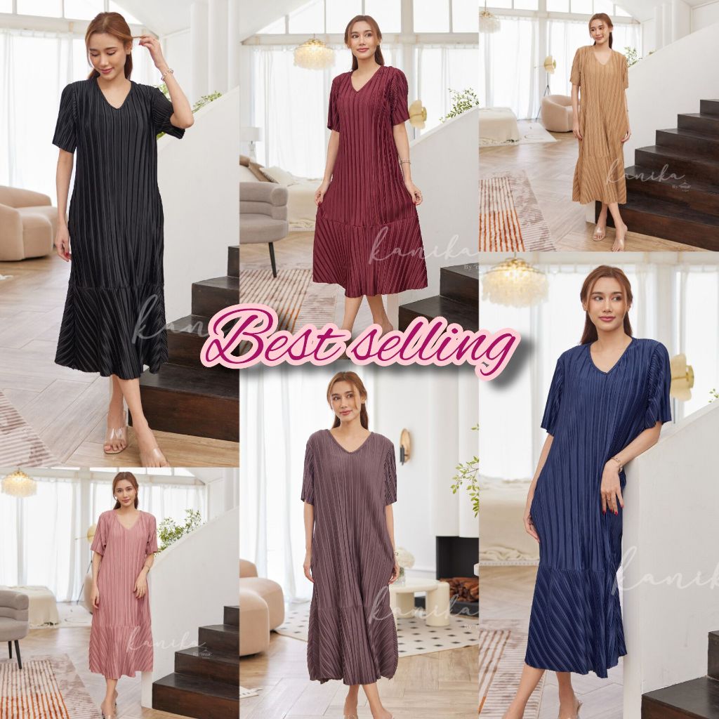 Miafashion (KM0002) เดรสอัดพลีทพรีเมี่ยม คอวีชายระบาย สาวอวบ เสื้อผ้า ผู้หญิง Dress Lady ...