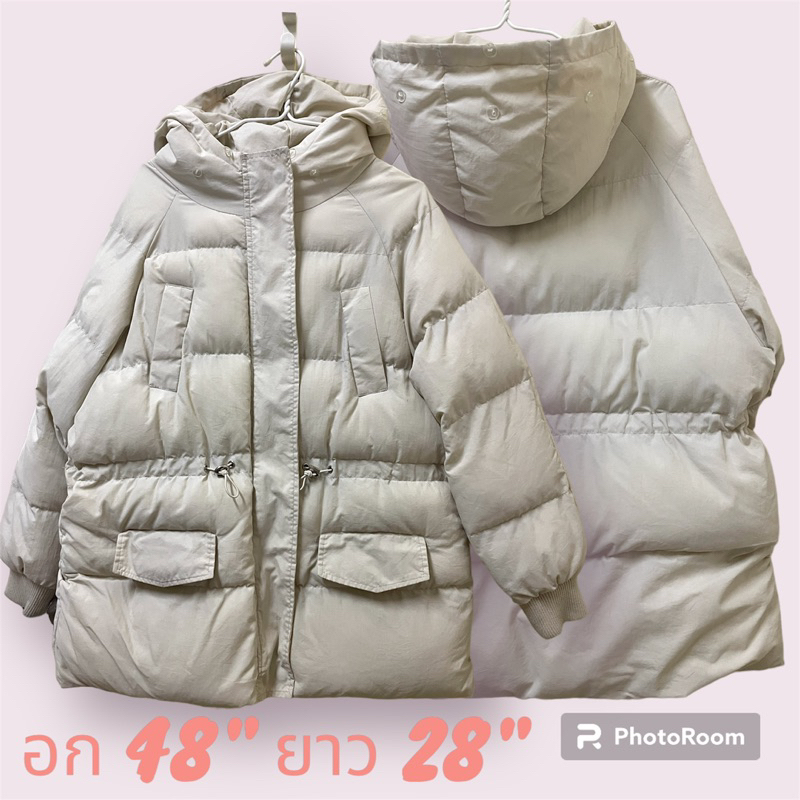 (มือสอง)Puffer Jacketมีฮู้ดสีครีมเบจ | Shopee Thailand