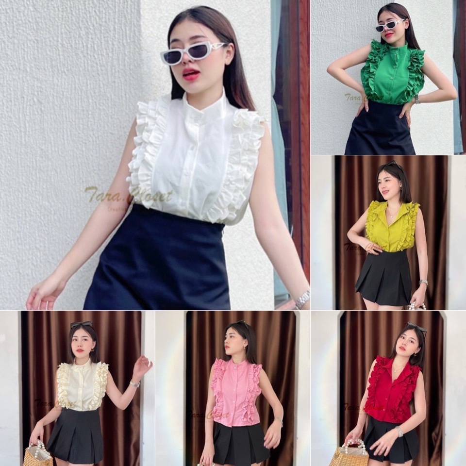 MR005 TARA Sleeveless Shirt เสื้อแขนกุด คอจีน กระดุมหน้า แต่งระบายข้าง 3 ชั้น เนื้อผ้าครัช ผ้าดี ...