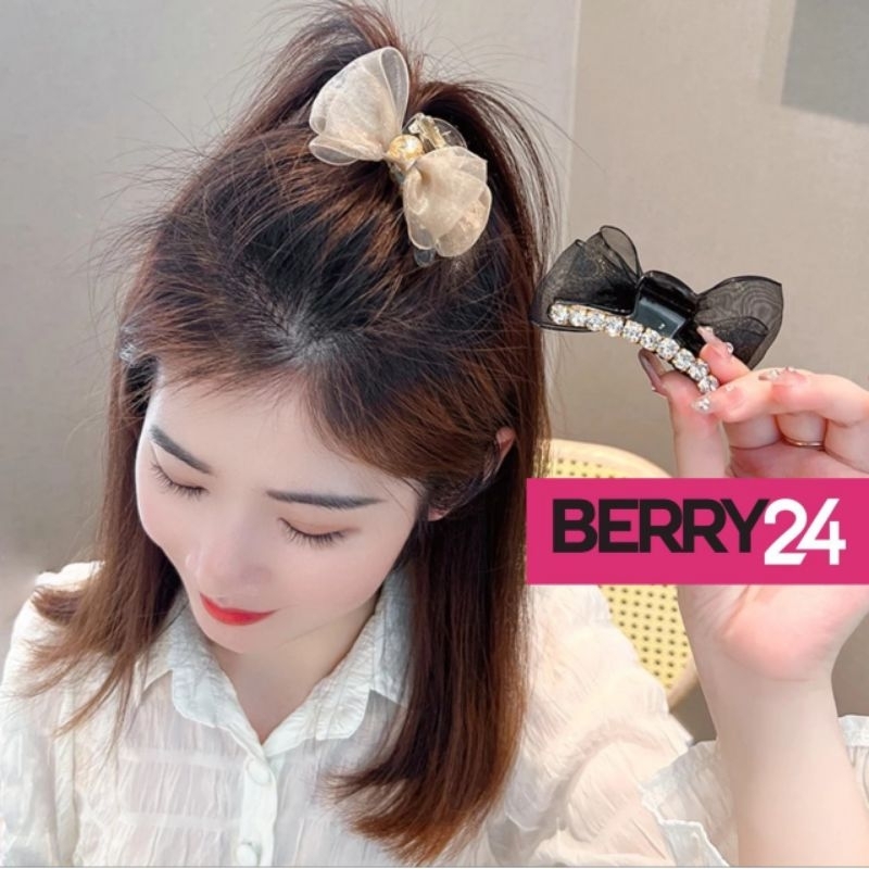 HSG38 พร้อมส่งกิ๊บติดผมหน้าโบว์ตาข่ายสำเร็จรูป อีกด้านเป็นเพชรเรียงยาว ...