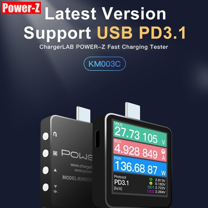 Chargerlab Power-Z KM003C USB PD3.1 QC5.0 โปรโตคอล 50v USB-C เครื่องวัดแรงดันไฟฟ้าแบบดิจิตอล ...