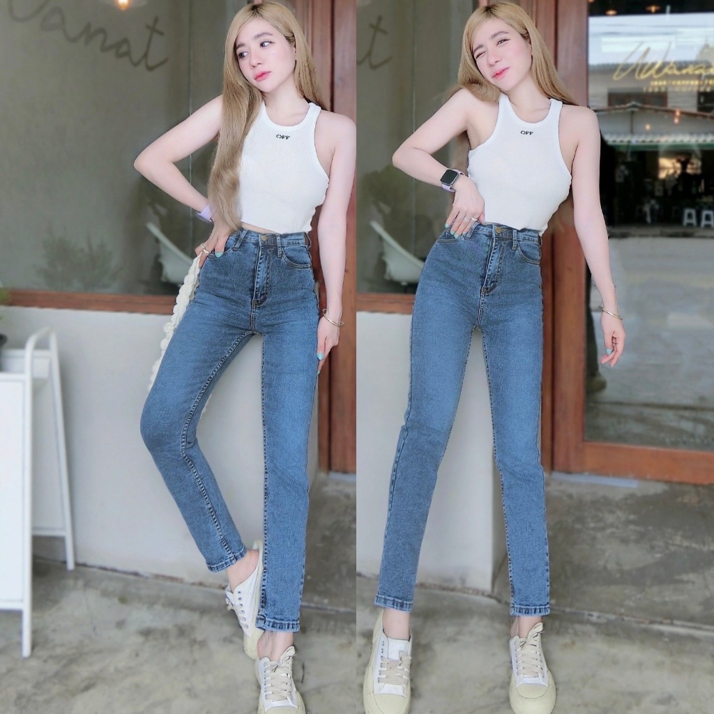 Cc jeans 076 กางเกงยีนส์ ยืด ทรงบอย สียีนส์ฟอกด่าง | Shopee Thailand