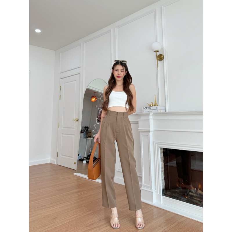 PAPAYA PANTS กางเกงทำงานขากระบอกเล็กผ้าเปเป้ จับจีบเล็กน้อยกำลังใส่สวย ...