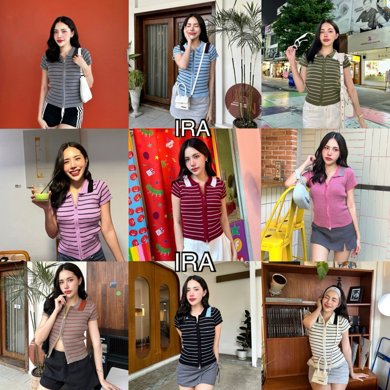 BY IRA Tank Top ครอปคอปกลายทางปักลายปังสุดๆ ดีเทลซิปหน้า | Shopee Thailand