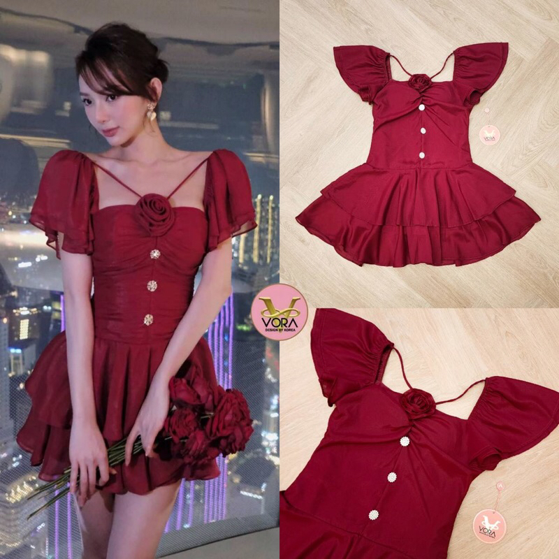 (Xs-L)Vora🎯Dress สั้น 🌟ชุดเดรสแขนระบาย แต่งสายไขว้ ทรงน่ารัก | Shopee Thailand