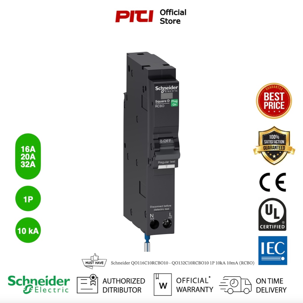 Schneider QO116C10RCBO10 - QO132C10RCBO10 1P 10kA 10mA 240/415VAC (RCBO) Residual Current ...