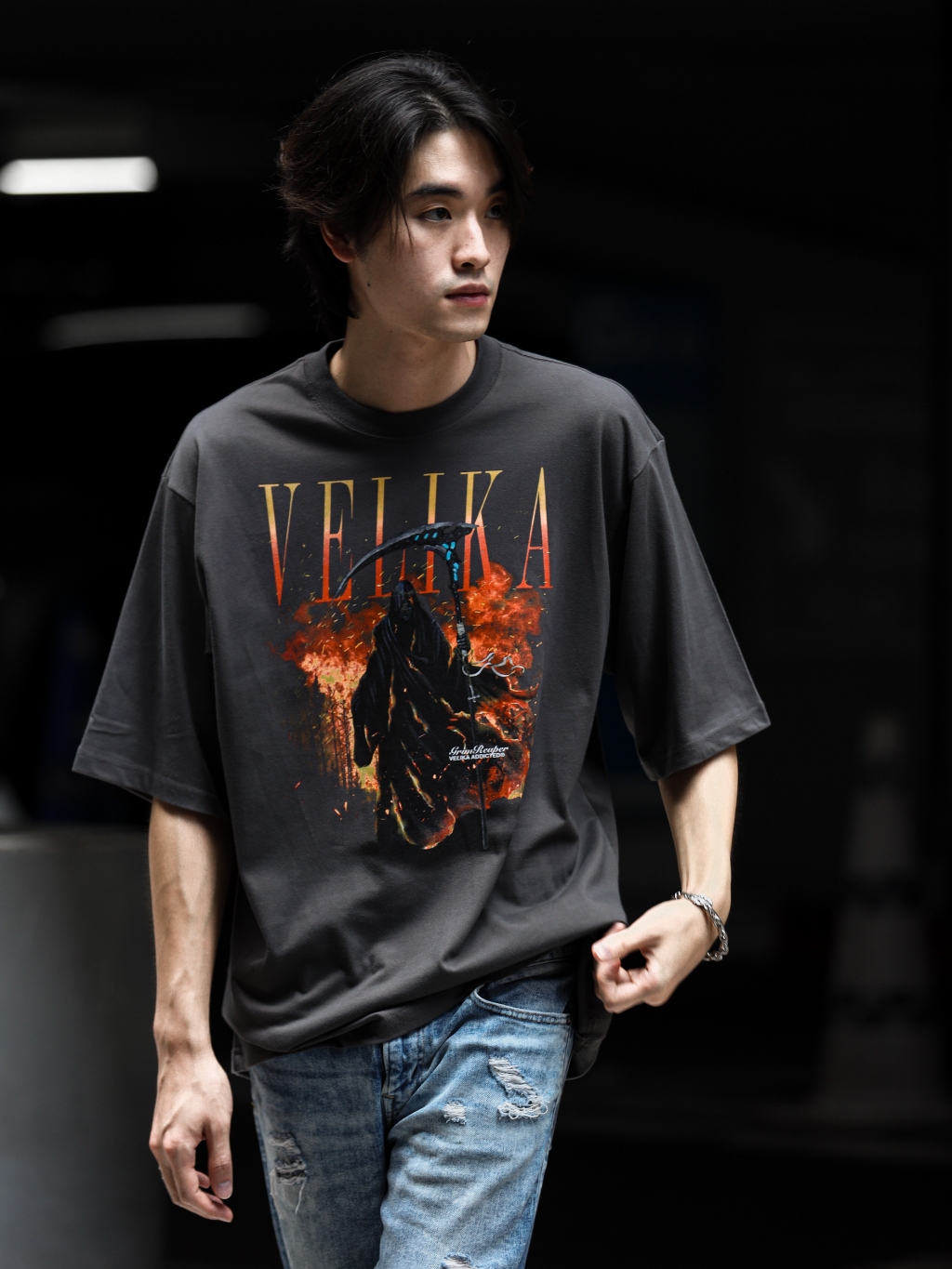 เสื้อ Oversize - "Grim Reaper" [Dark Grey] | Velika | Shopee Thailand