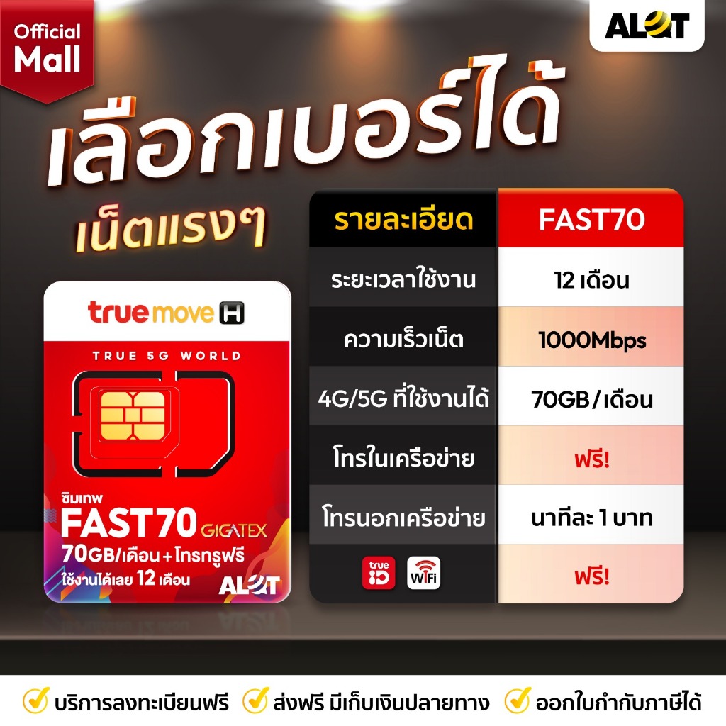 [ ถูกที่สุด ] TRUE : Fast70 เลือกเบอร์ได้ ชุด2 ซิมเทพ ทรู เน็ตแรง Max Speed 70GB โทรฟรีทรู 12 ...