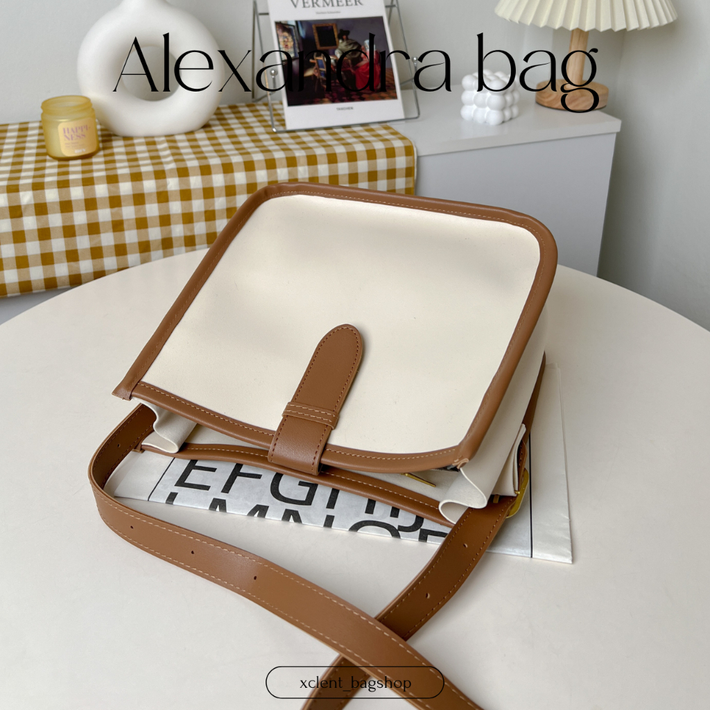 (พร้อมส่ง) Alexandra bag กระเป๋าสะพายสีทูโทน ขอบหนังน้ำตาลตัดกับสีครีม ...