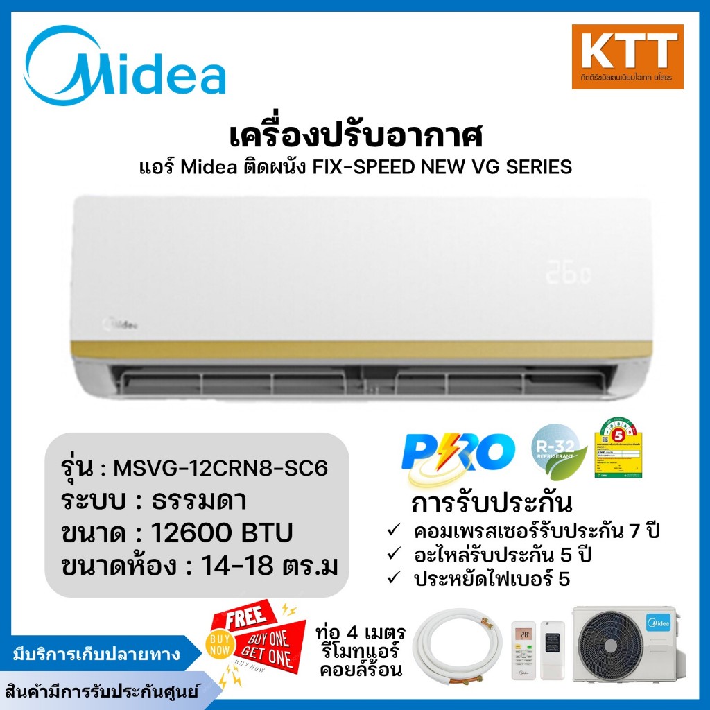 แอร์MIDEA ติดผนัง FIX-SPEED เบอร์ 5 NEW VG SERIES รุ่น MSVG-12CRN8-SC6 ...