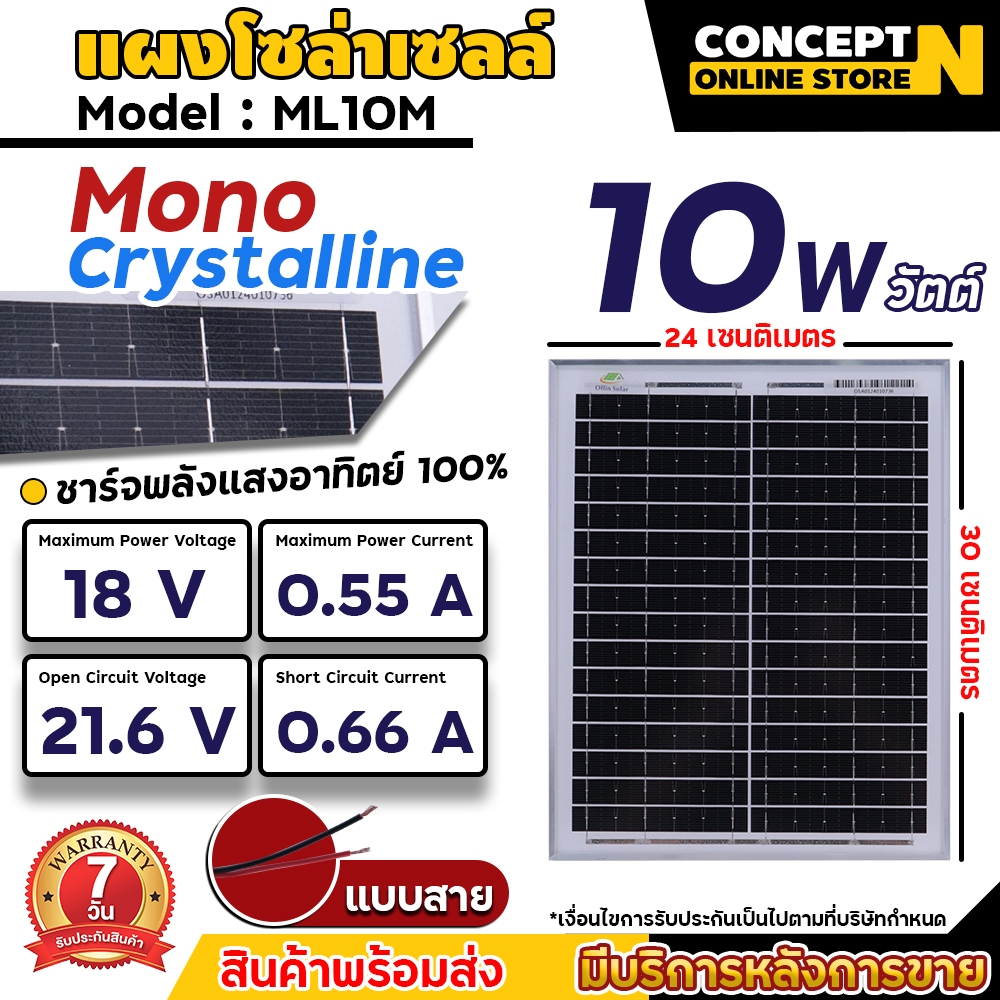 แผงโซล่าเซลล์ OLLIN 18V/10W MONO ประกัน 3 เดือน พร้อมสาย Solar Cell โซ ...