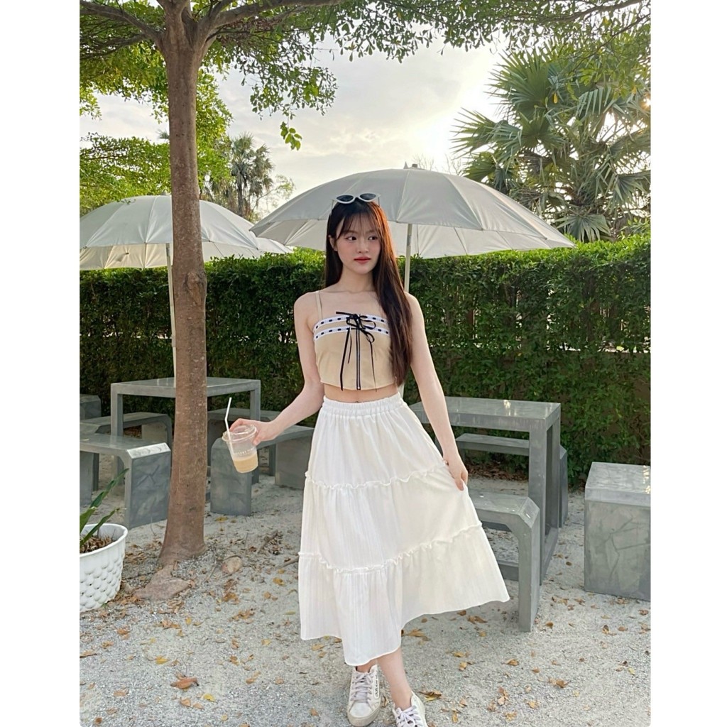 ⚡️กระโปรง ผ้าเปลือกไม้ *สีขาวมีซับใน* #KK03 | Shopee Thailand