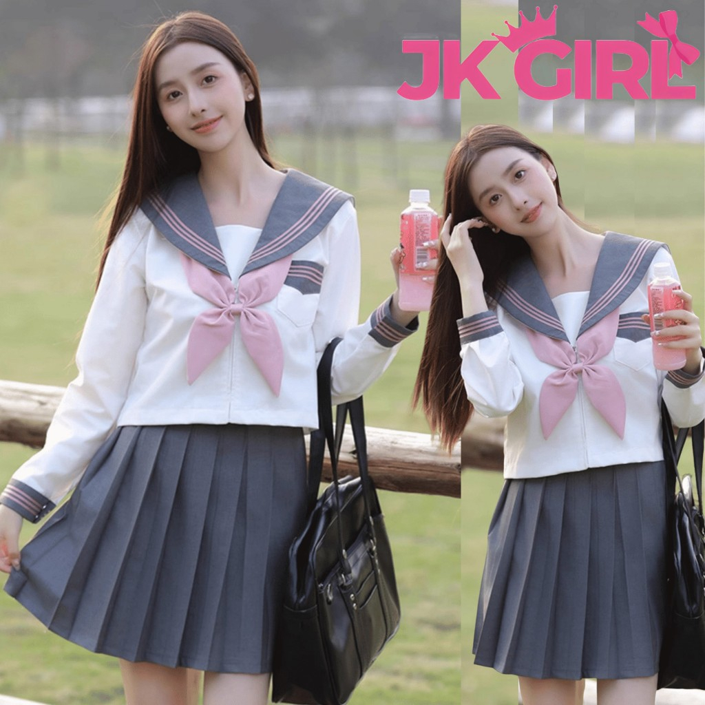 JK GIRLชุดแฟชั่น JKเสื้อ+กระโปรงเทา ประดับโบว์ชมพู JK-020 | Shopee Thailand